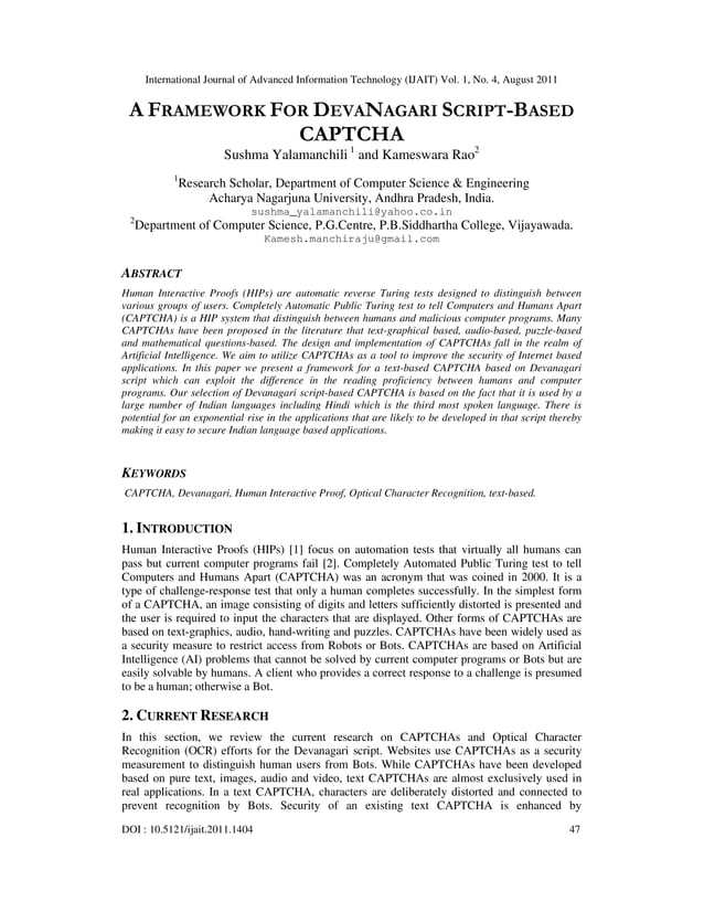 A FRAMEWORK FOR DEVANAGARI SCRIPT-BASED CAPTCHA | PDF | Programming Languages | Computing