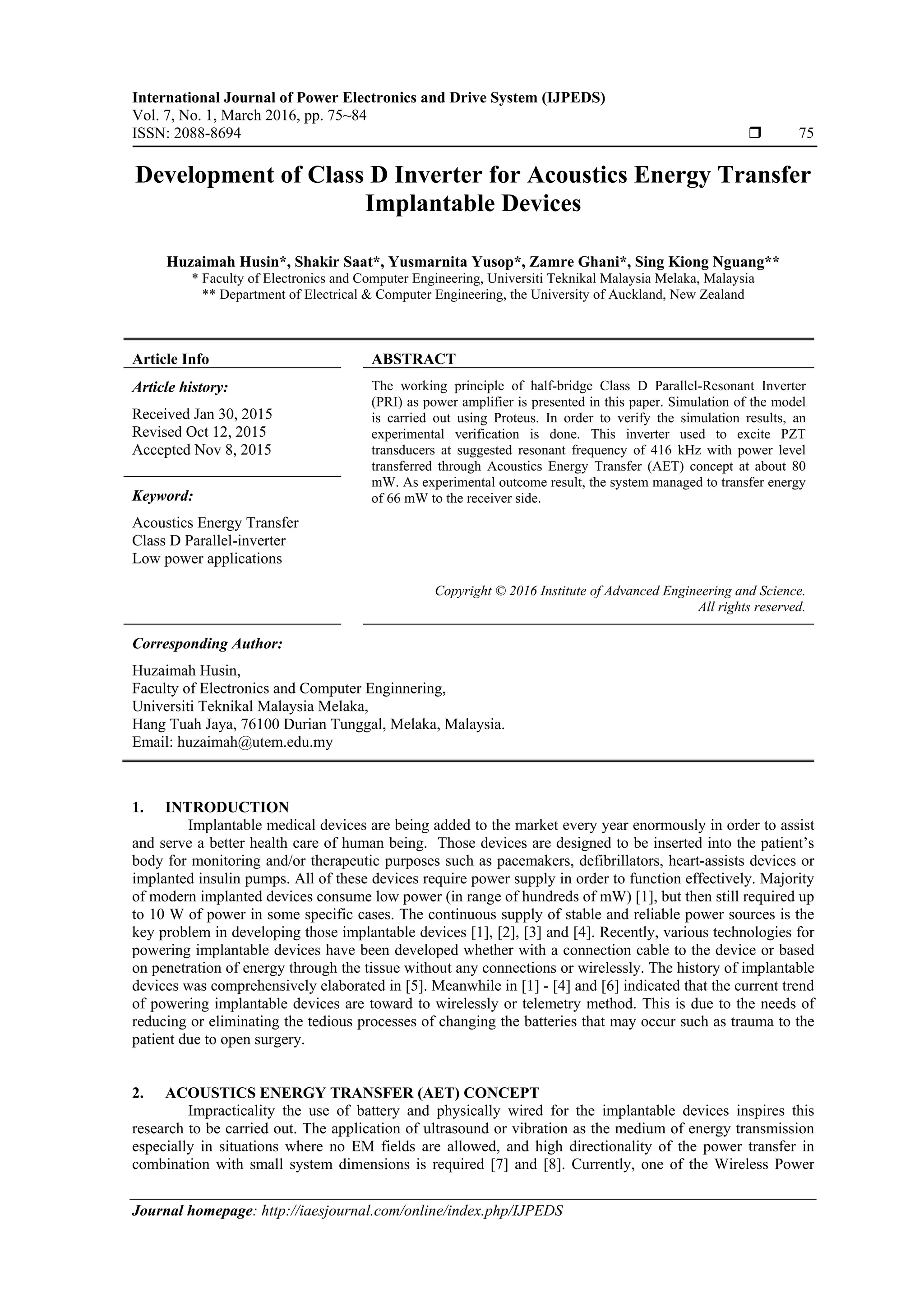 Development of Class D Inverter for Acoustics Energy Transfer ...