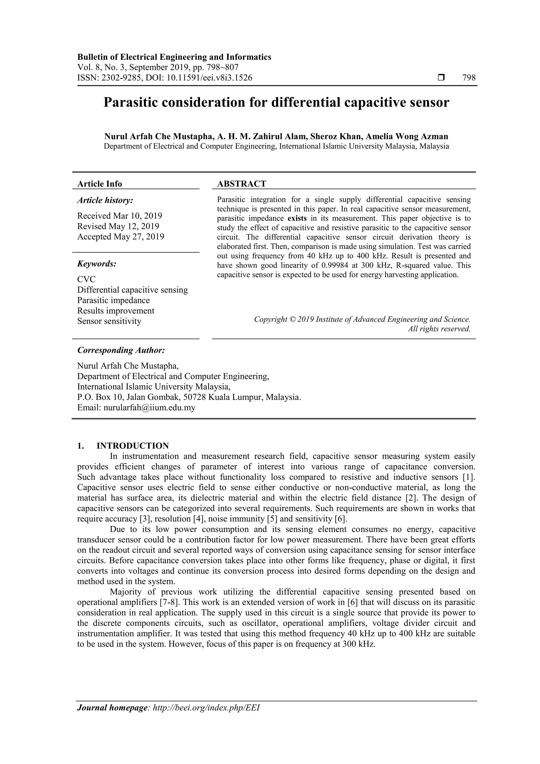 Parasitic consideration for differential capacitive sensor | PDF