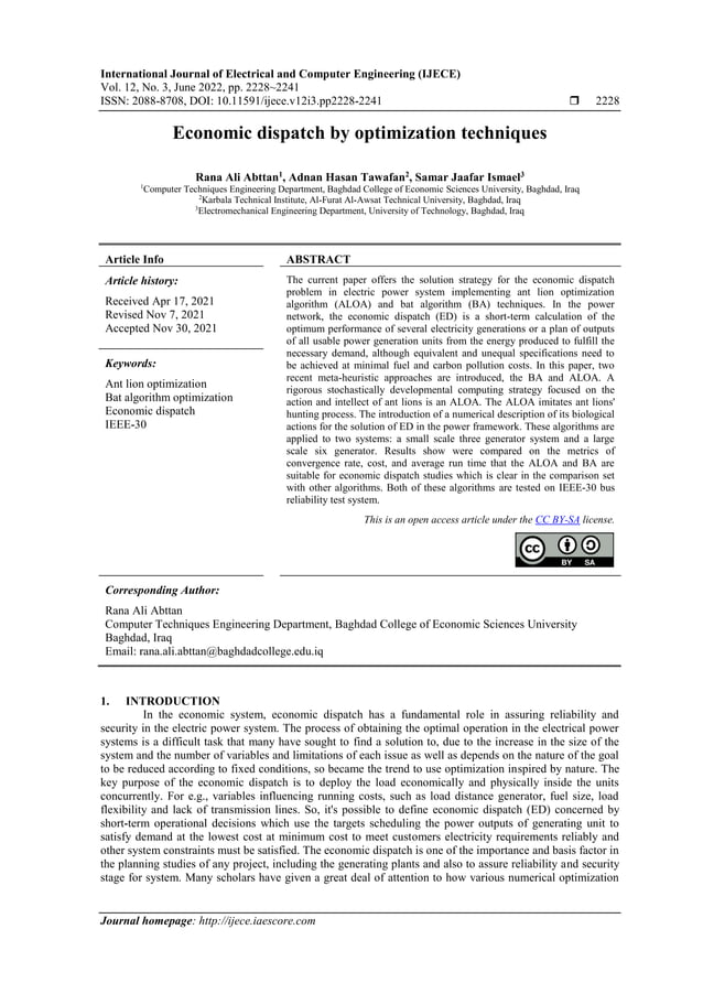 Economic dispatch by optimization techniques | PDF