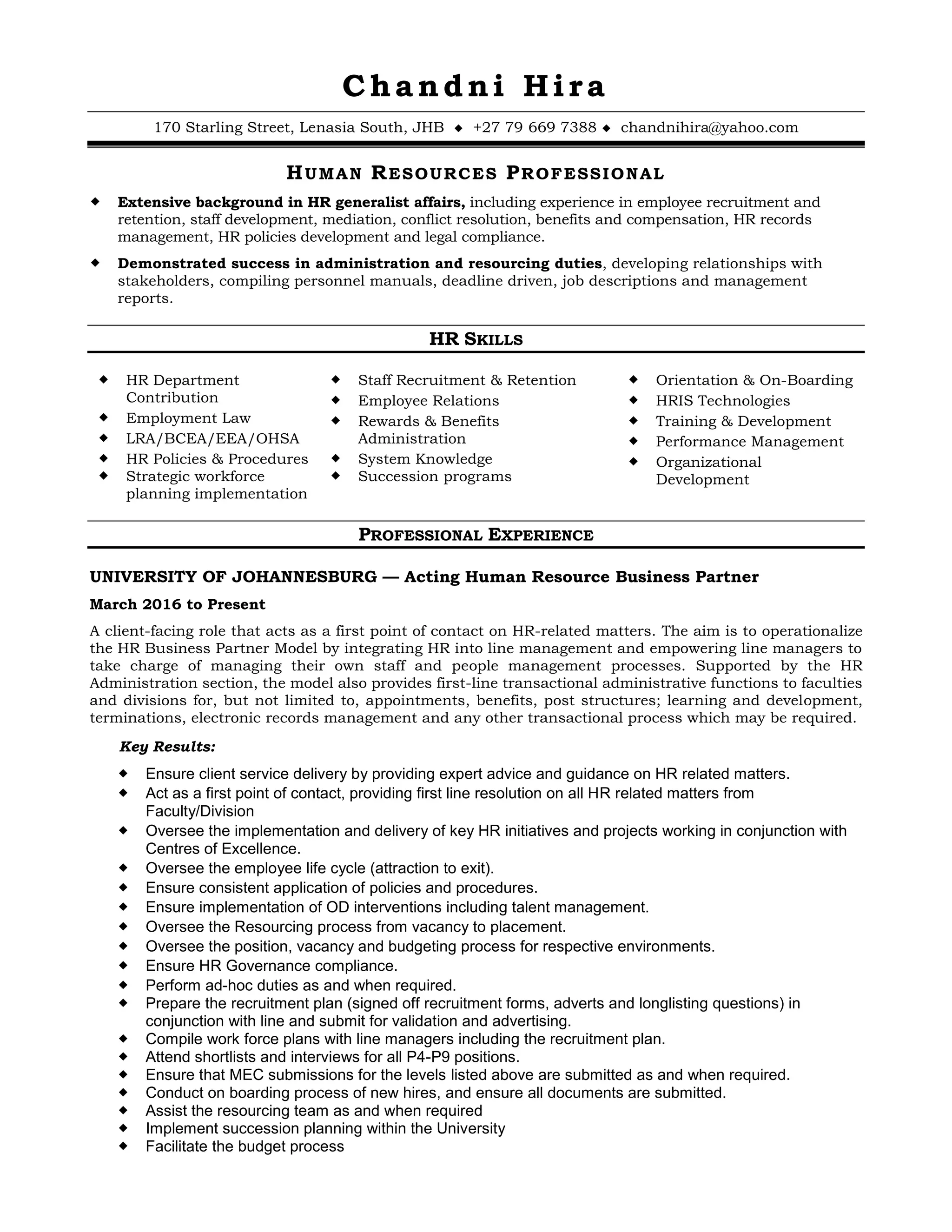 Chandni Hira HR Professional CV 2016 | PDF