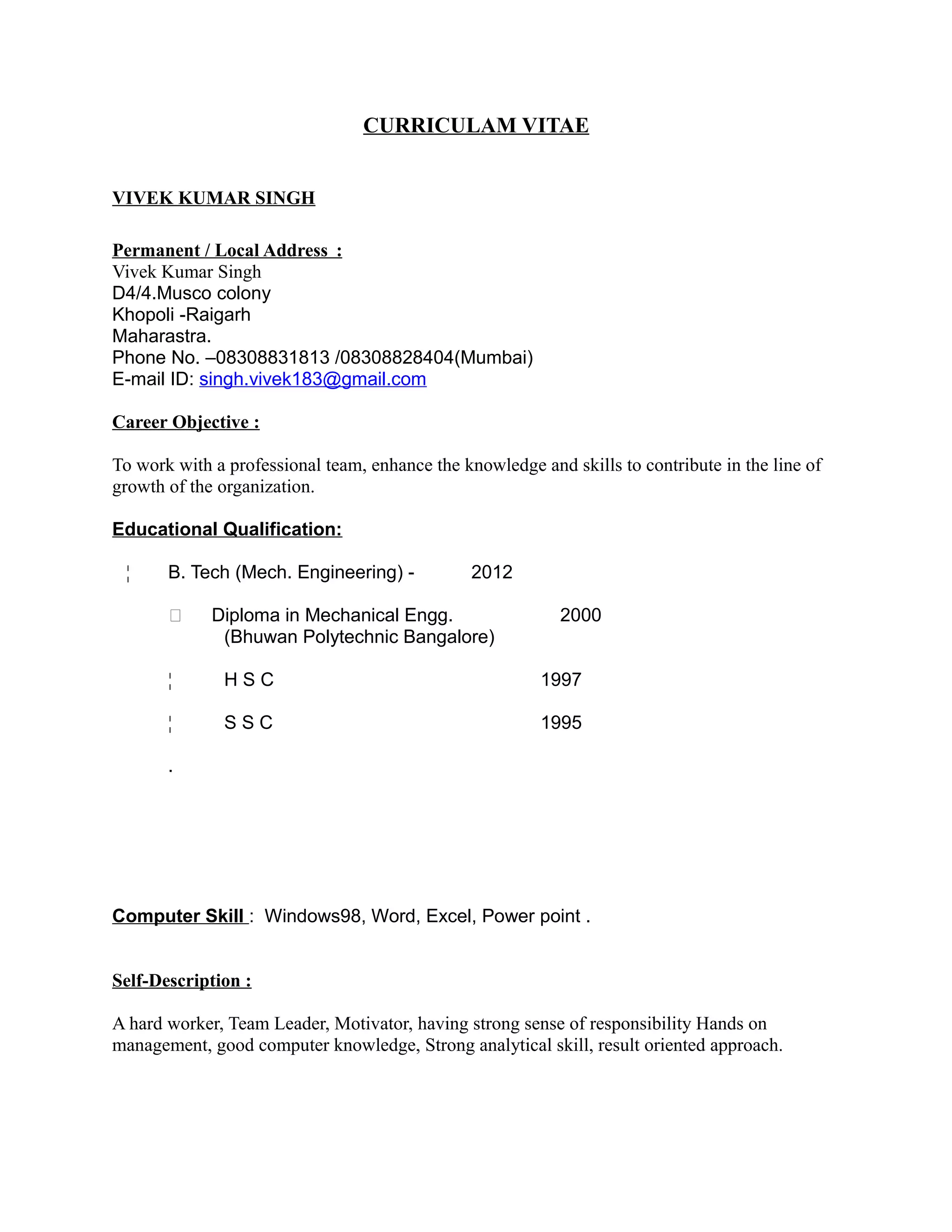 vivek kumar SinghResume | DOC
