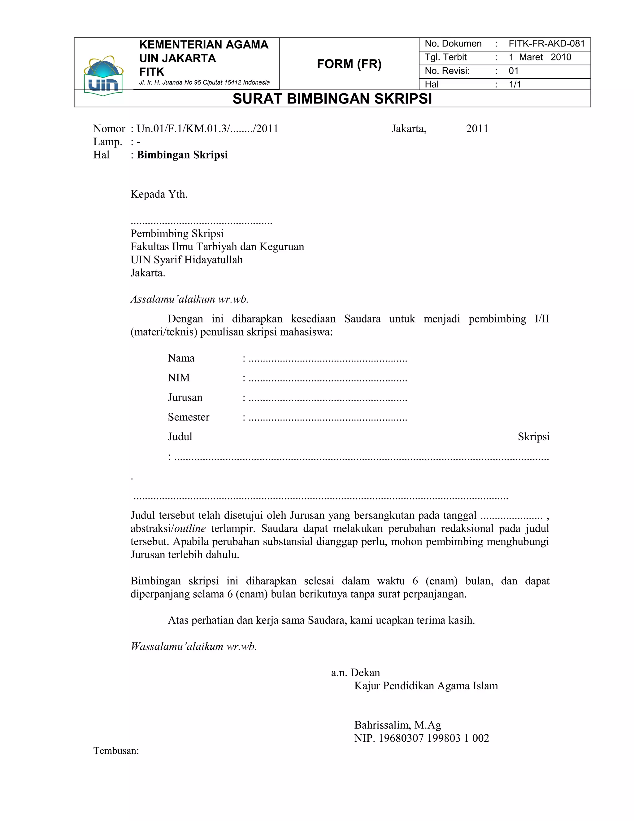 081 form surat bimbingan skripsi jurusan pai | PDF