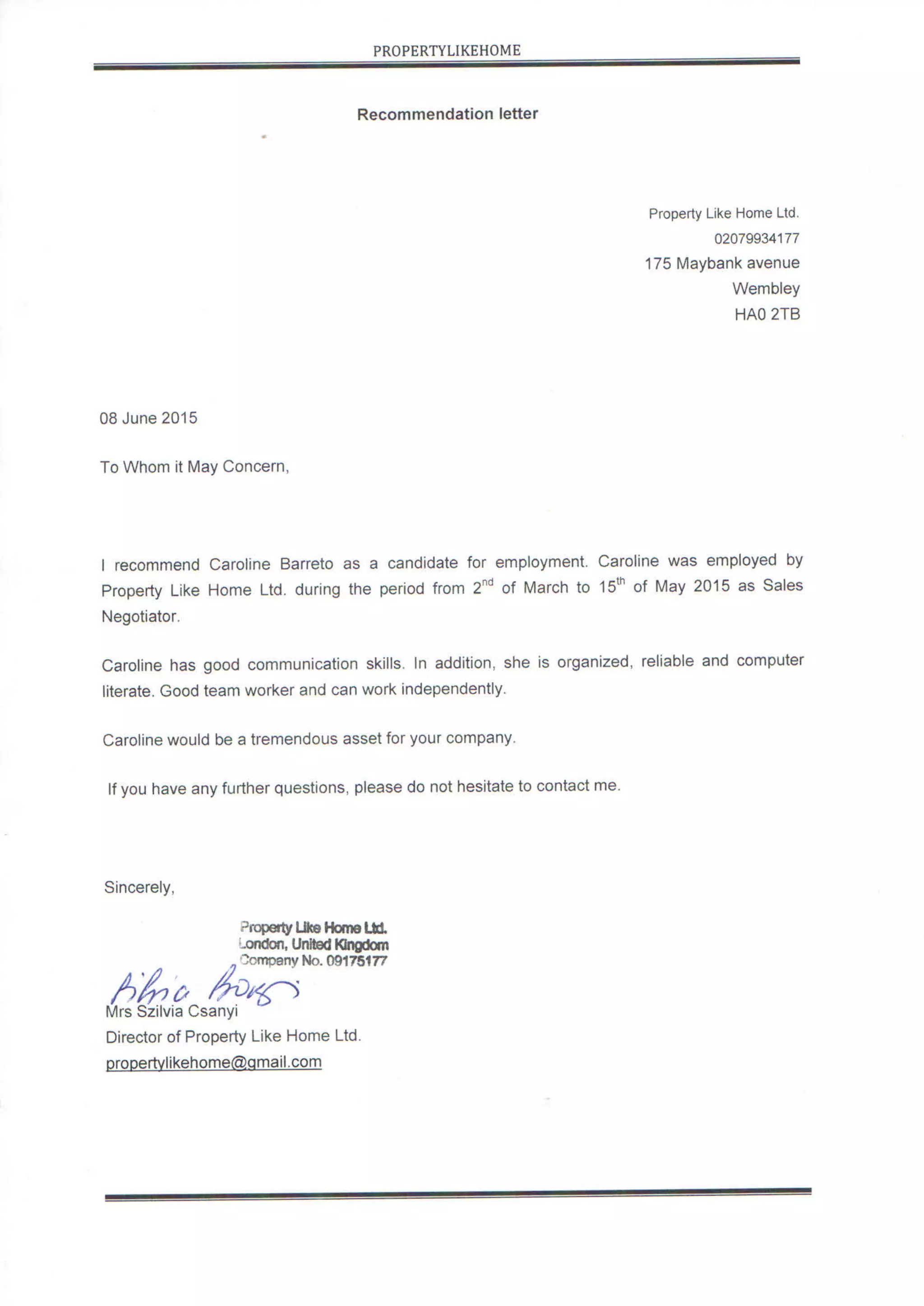 Property Like Home Reference Letter | PDF