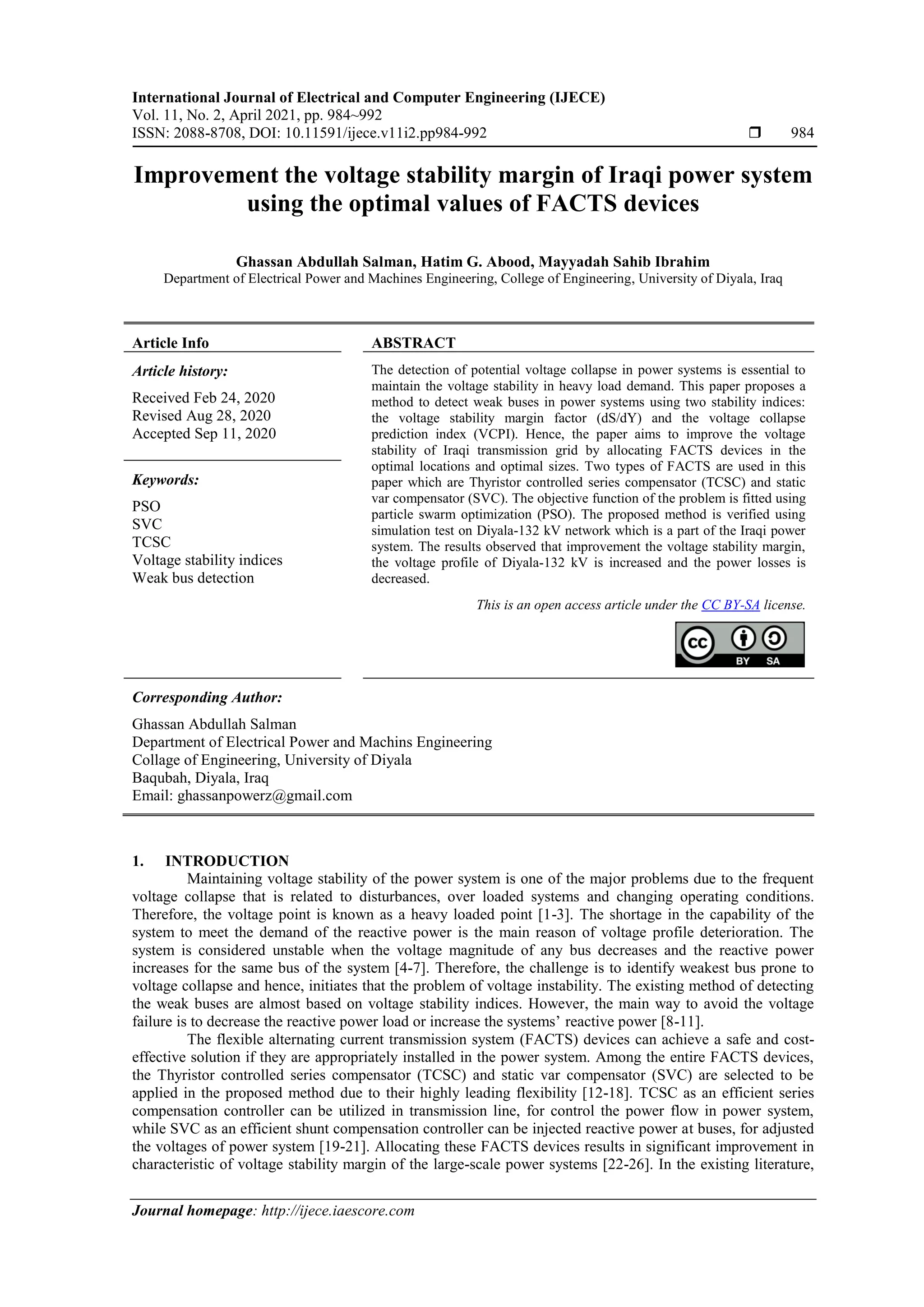 Improvement the voltage stability margin of Iraqi power system using the optimal values of FACTS ...