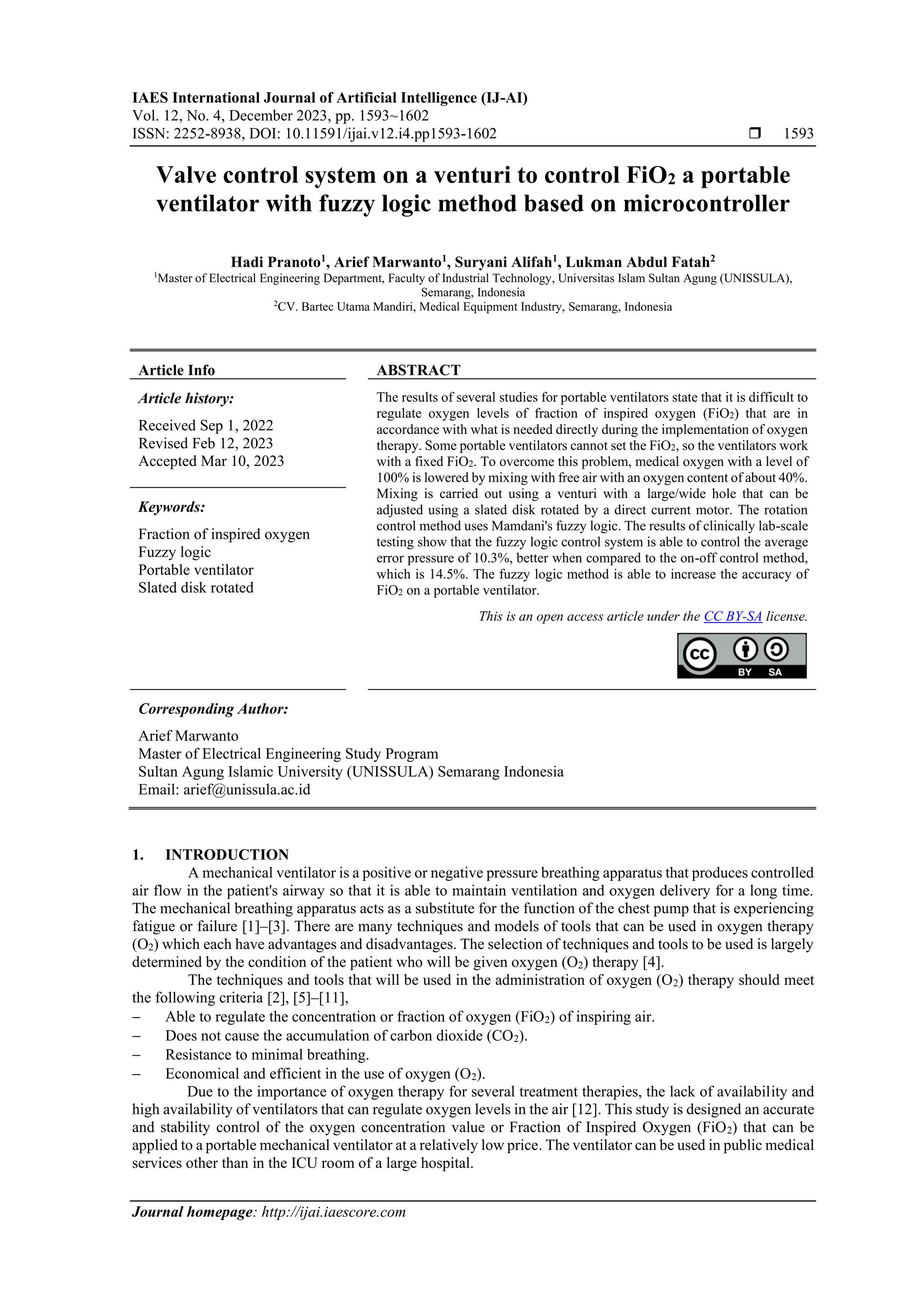 Valve control system on a venturi to control FiO2 a portable ventilator with fuzzy logic method ...