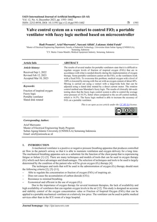 Valve control system on a venturi to control FiO2 a portable ventilator with fuzzy logic method ...