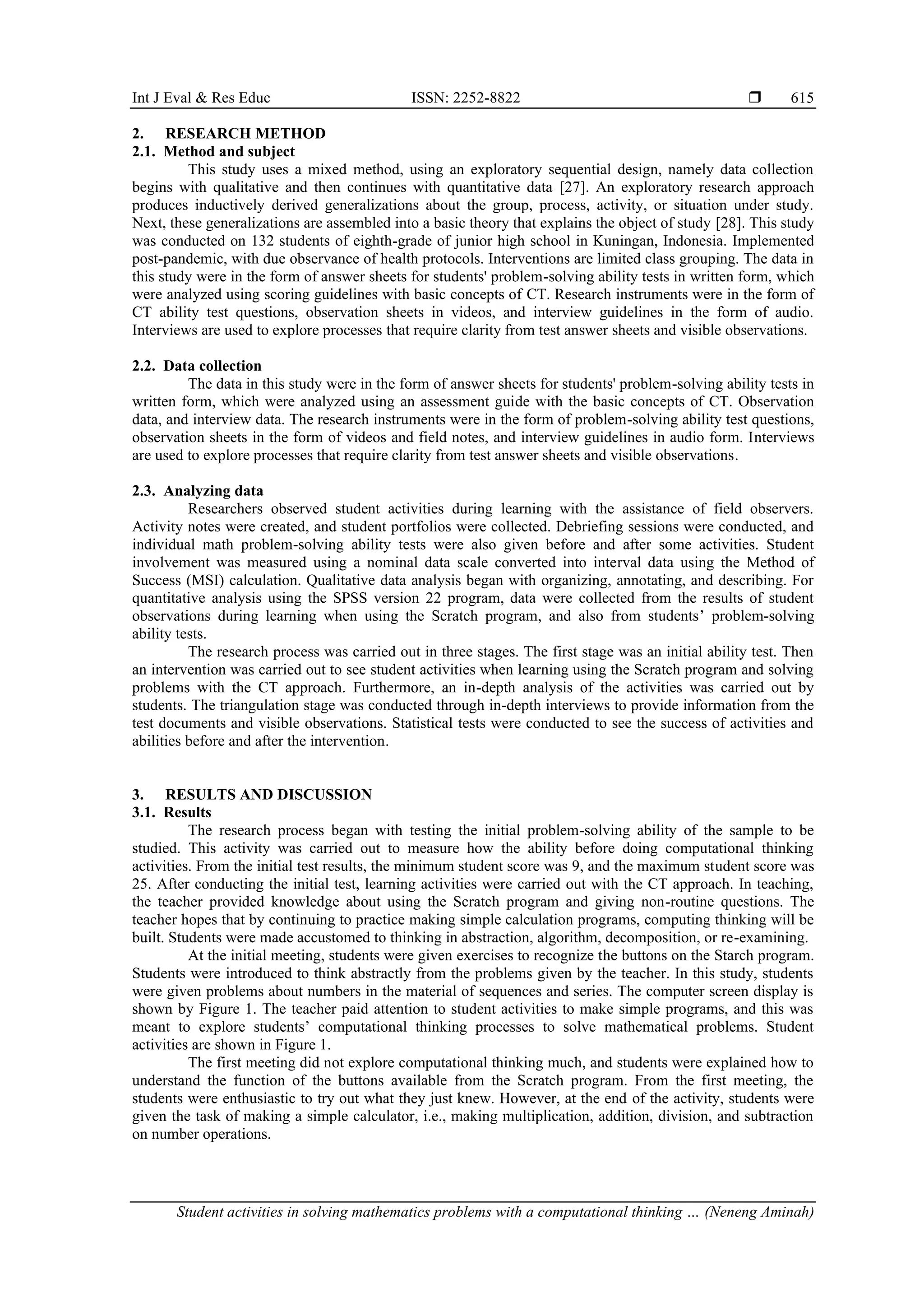 Student activities in solving mathematics problems with a computational thinking using Scratch | PDF
