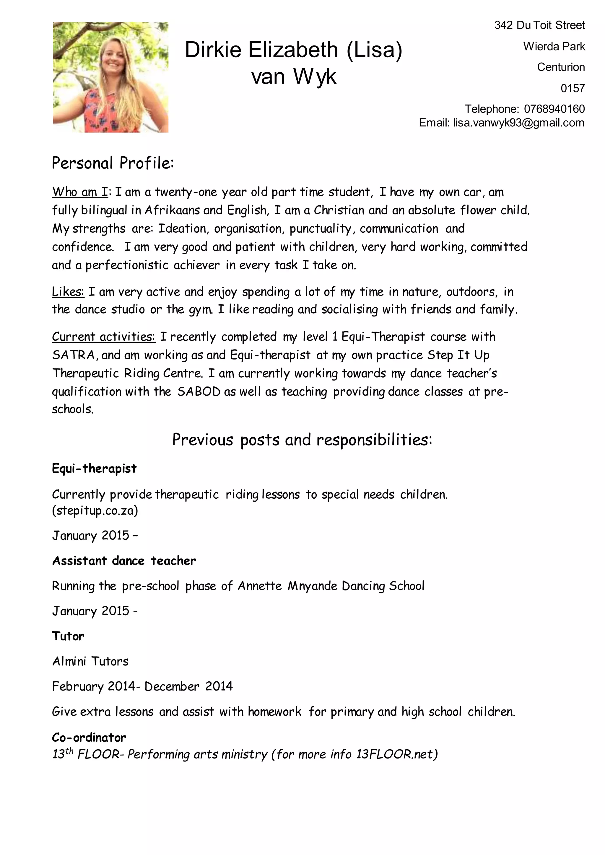CV Dirkie Elizabeth (Lisa) van Wyk 2015 updated | PDF