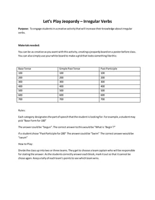 jeopardy irregular verbs | DOCX | Board Games and Puzzles | Games and ...