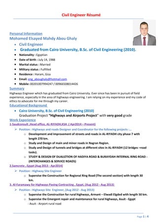 Civil Engineer (Roads) with photo - Final | PDF