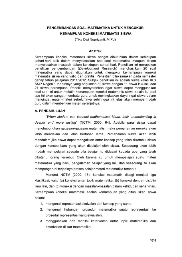 prosiding PGRI 2015 Pengembangan Soal Matematika Untuk Mengukur Kemampuan Koneksi Matematis ...