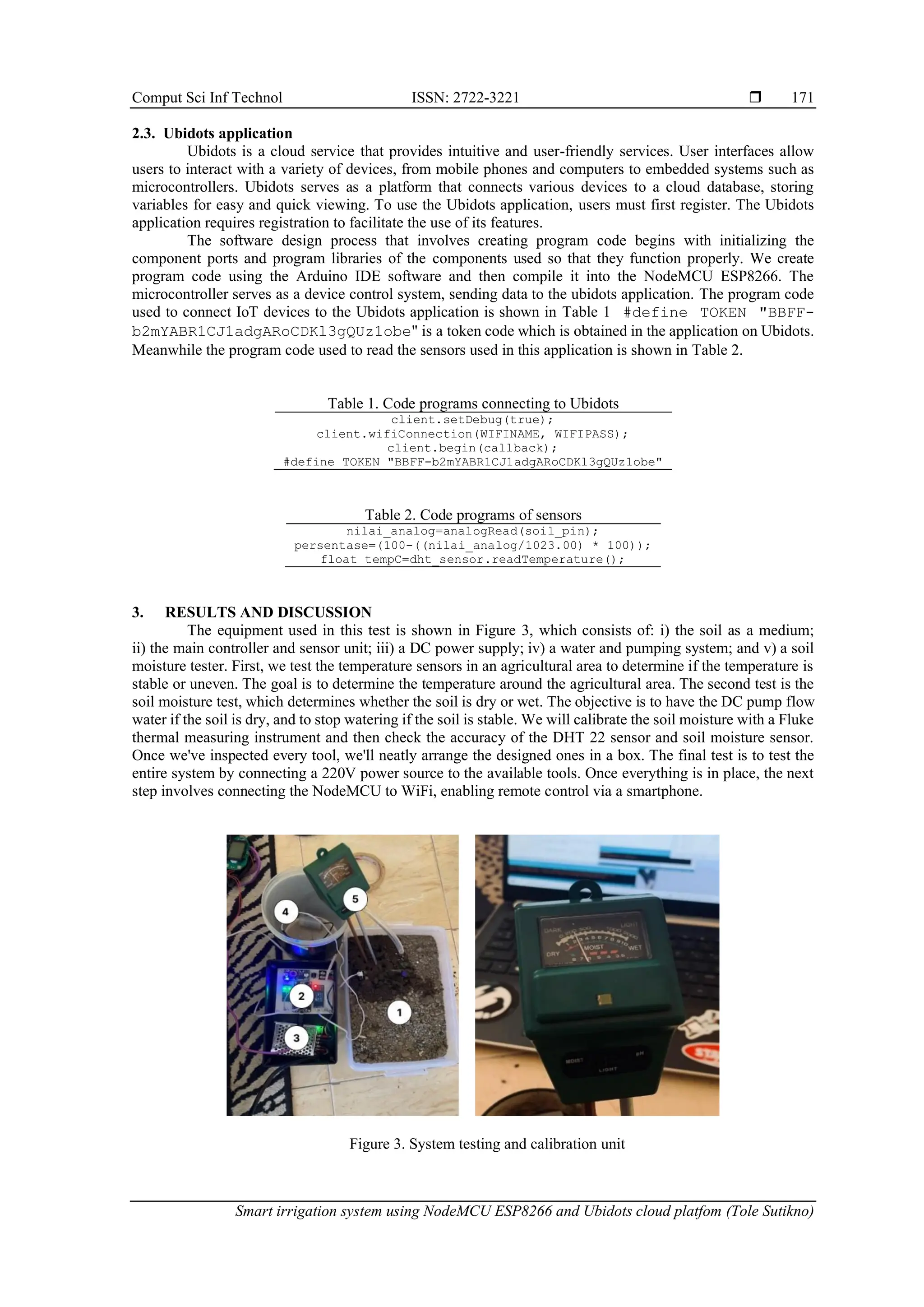 Smart irrigation system using node microcontroller unit ESP8266 and Ubidots cloud platform | PDF