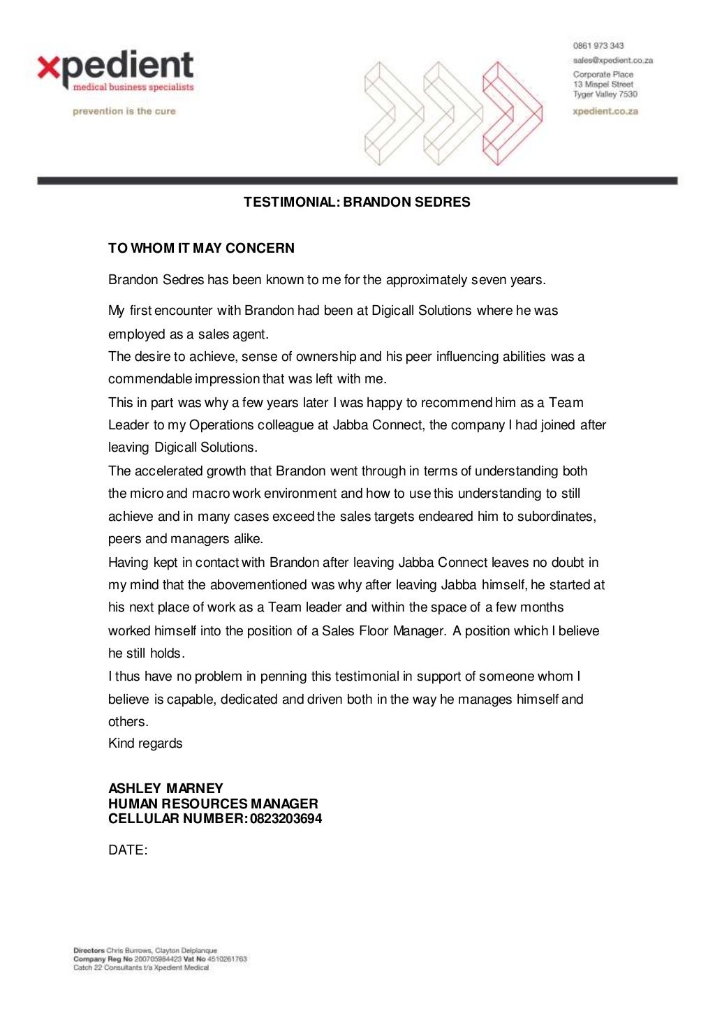 Senior HR manager - Letter of Recommendation