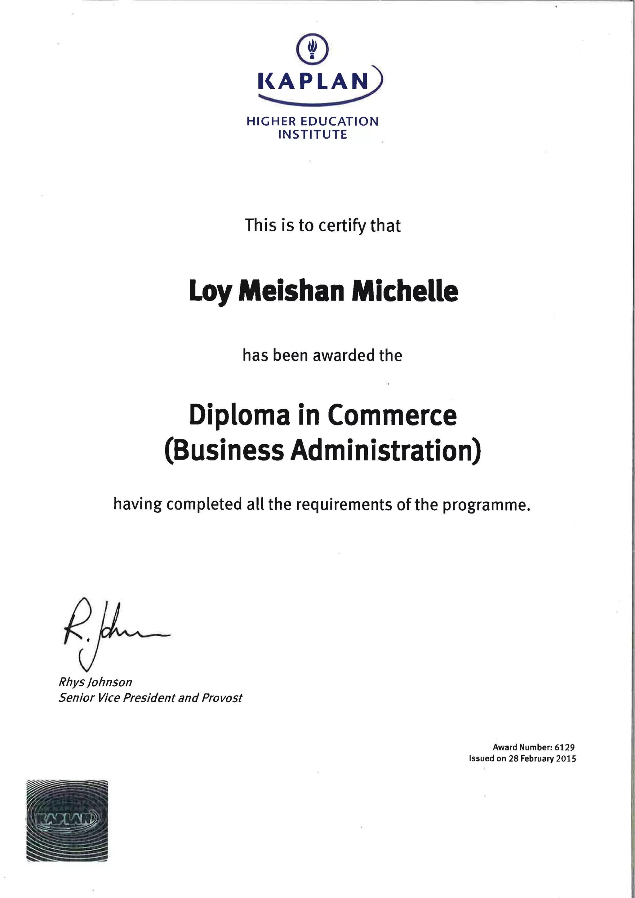 Michelle Loy_Diploma in Commerce Cert | PDF