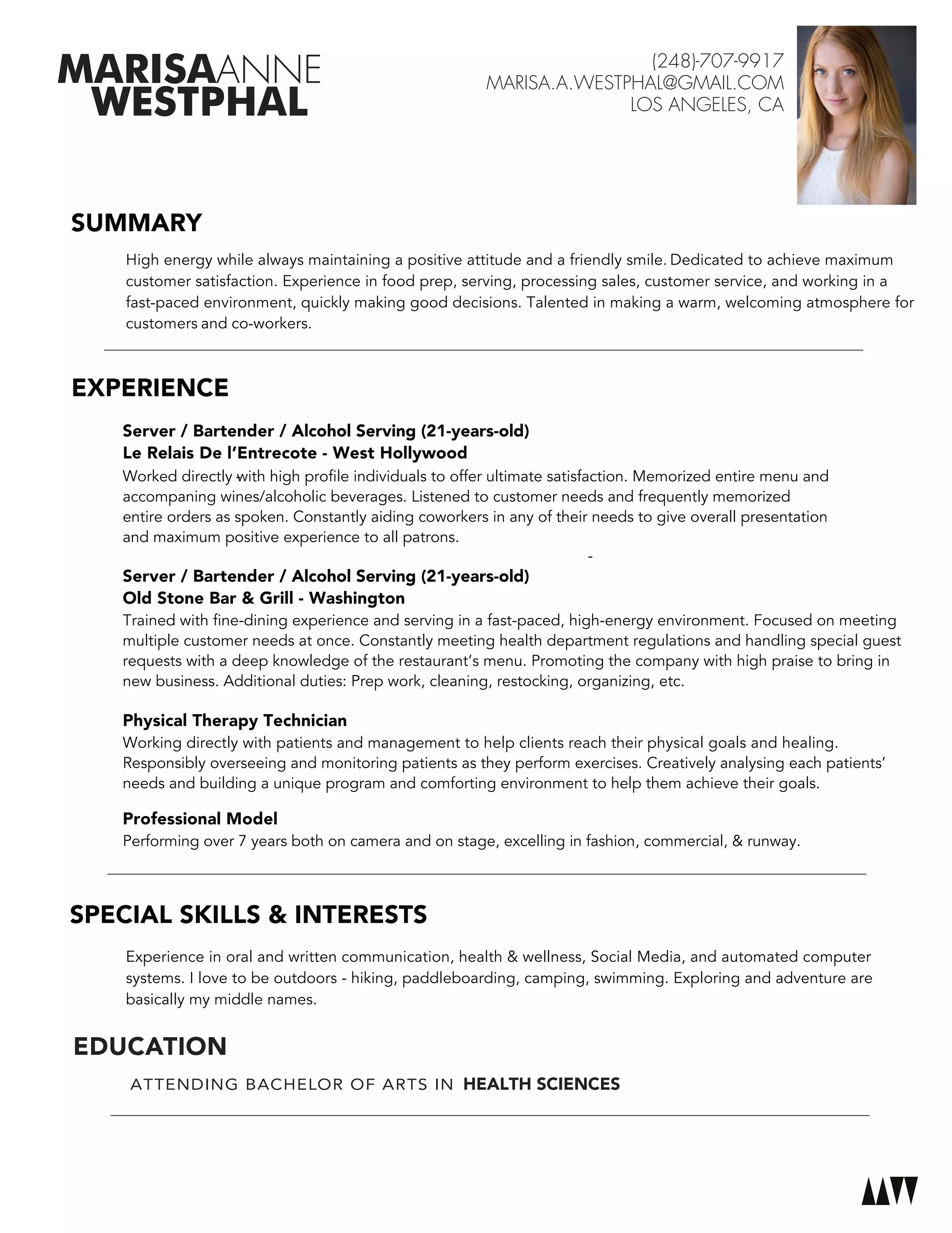 Marisa Westphal Resume - Server Bartender Model | PDF