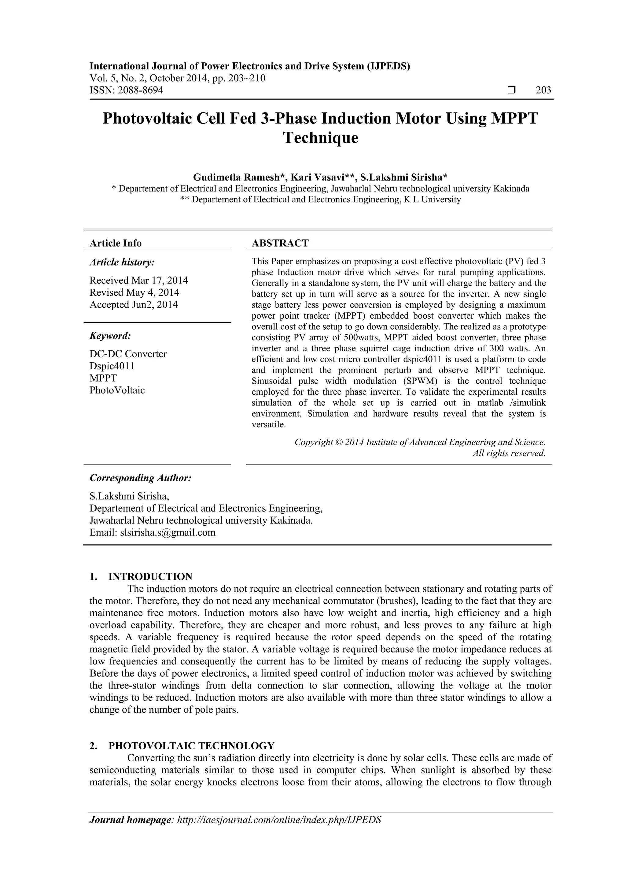 Photovoltaic Cell Fed 3-Phase Induction Motor Using MPPT Technique | PDF