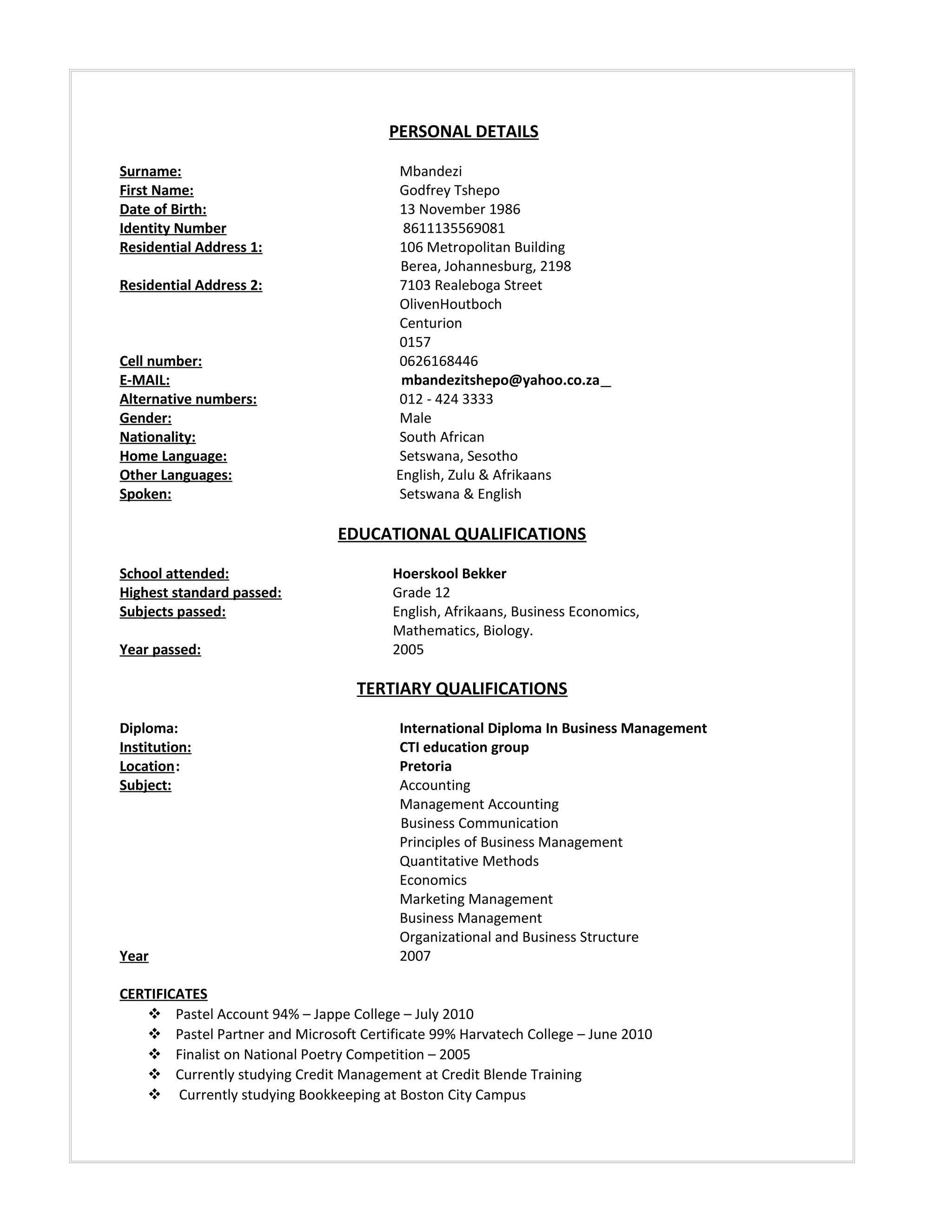 Mbandezi Tshepo CV | DOC