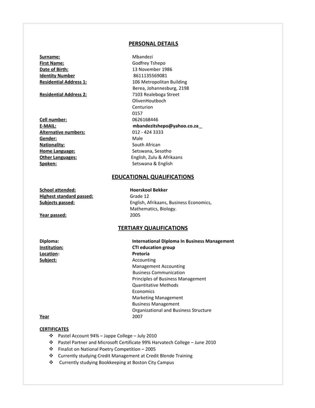 Mbandezi Tshepo CV | PDF