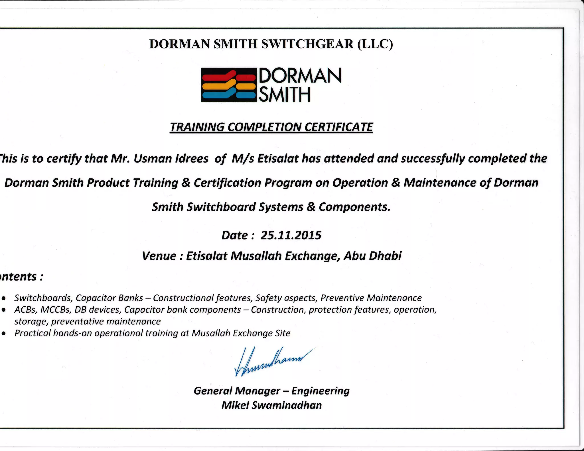 Operation & Maintenance Certificate of Dorman Smith of Switchboard ...