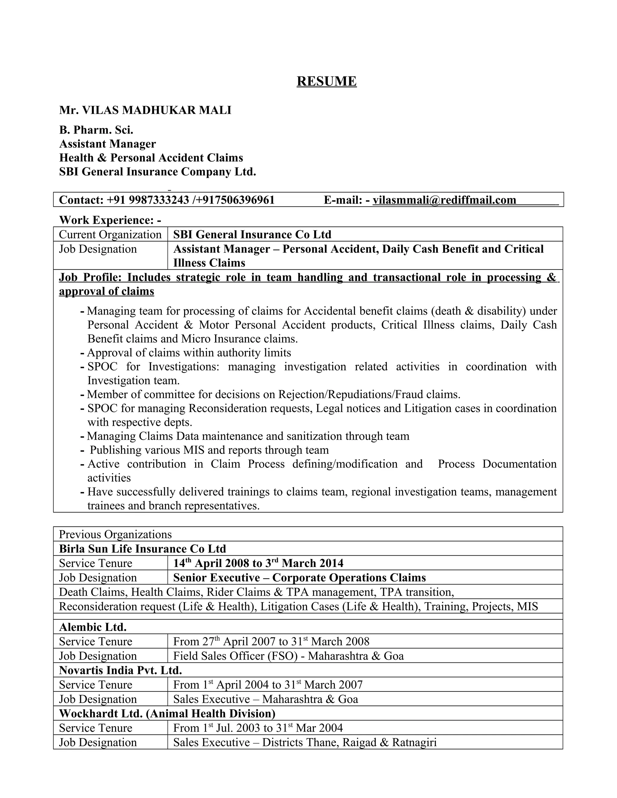 Resume Vilas M Mali | DOC