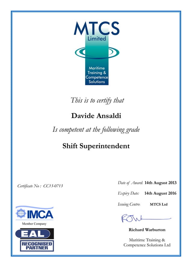IMCA Shift Superintendent certificate | PDF
