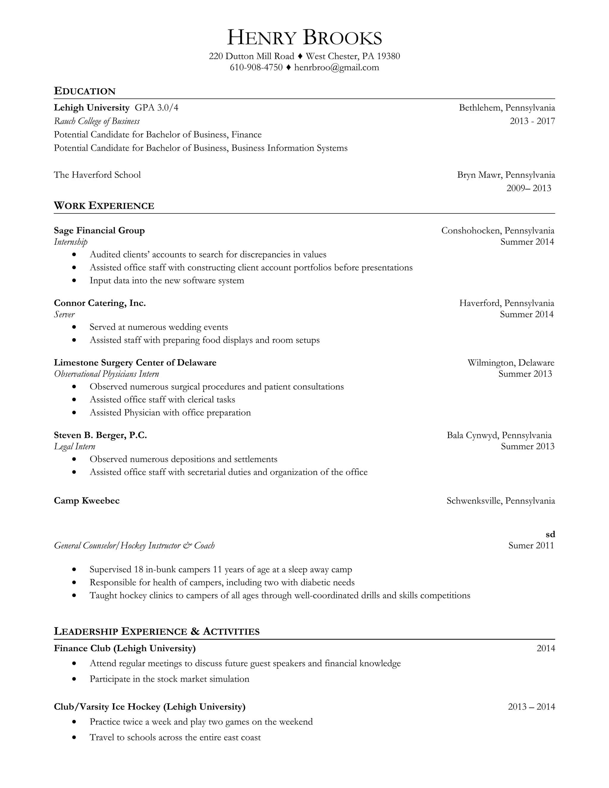 Henry Brooks Resume | DOC | Business | Business and Finance
