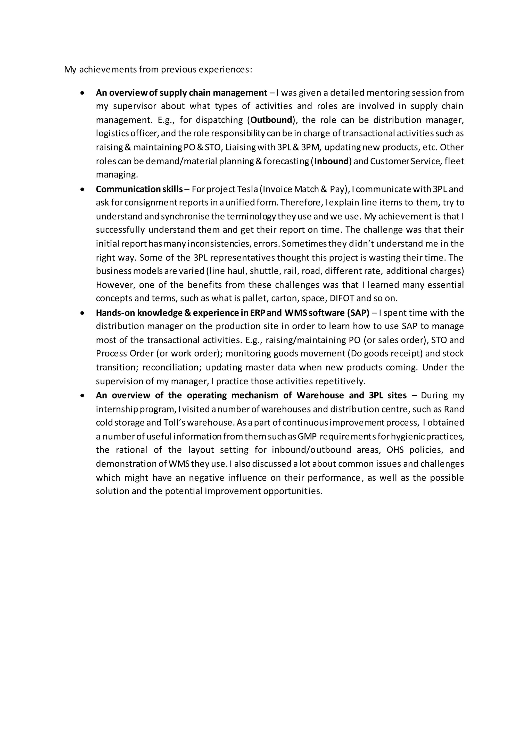 My Learning outcome from the internship program | DOCX | Logistics ...