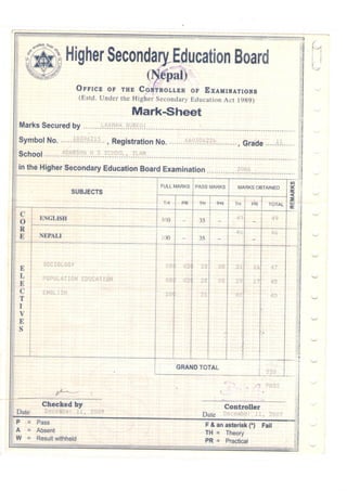 Heigher Secondary level Mark sheet (grade 11) | PDF