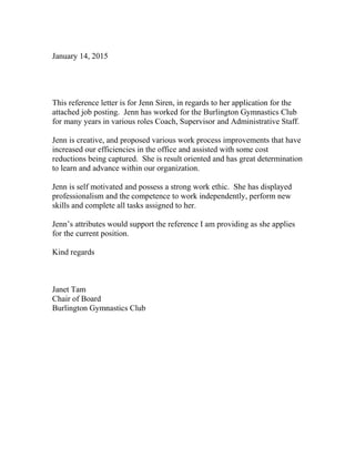 Reference letter for Jenn Siren | DOC | Gymnastics | Sports