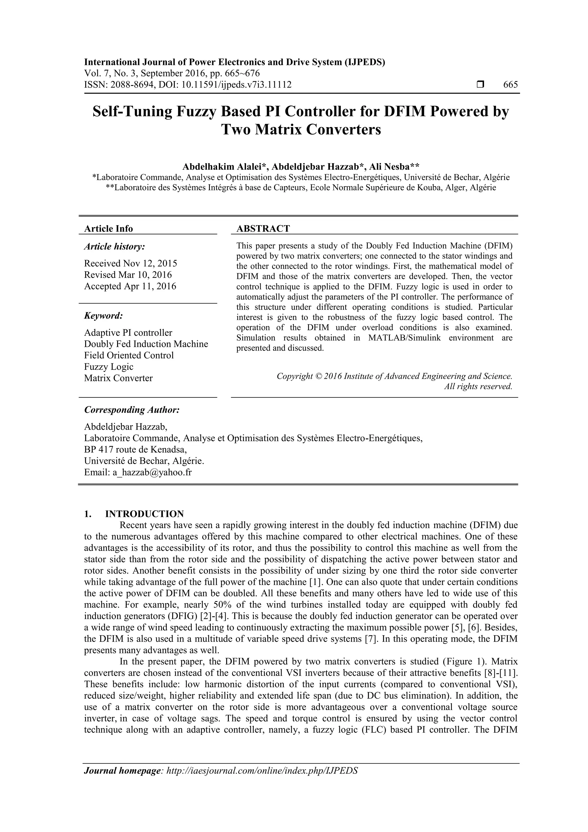 Self-Tuning Fuzzy Based PI Controller for DFIM Powered by Two Matrix ...