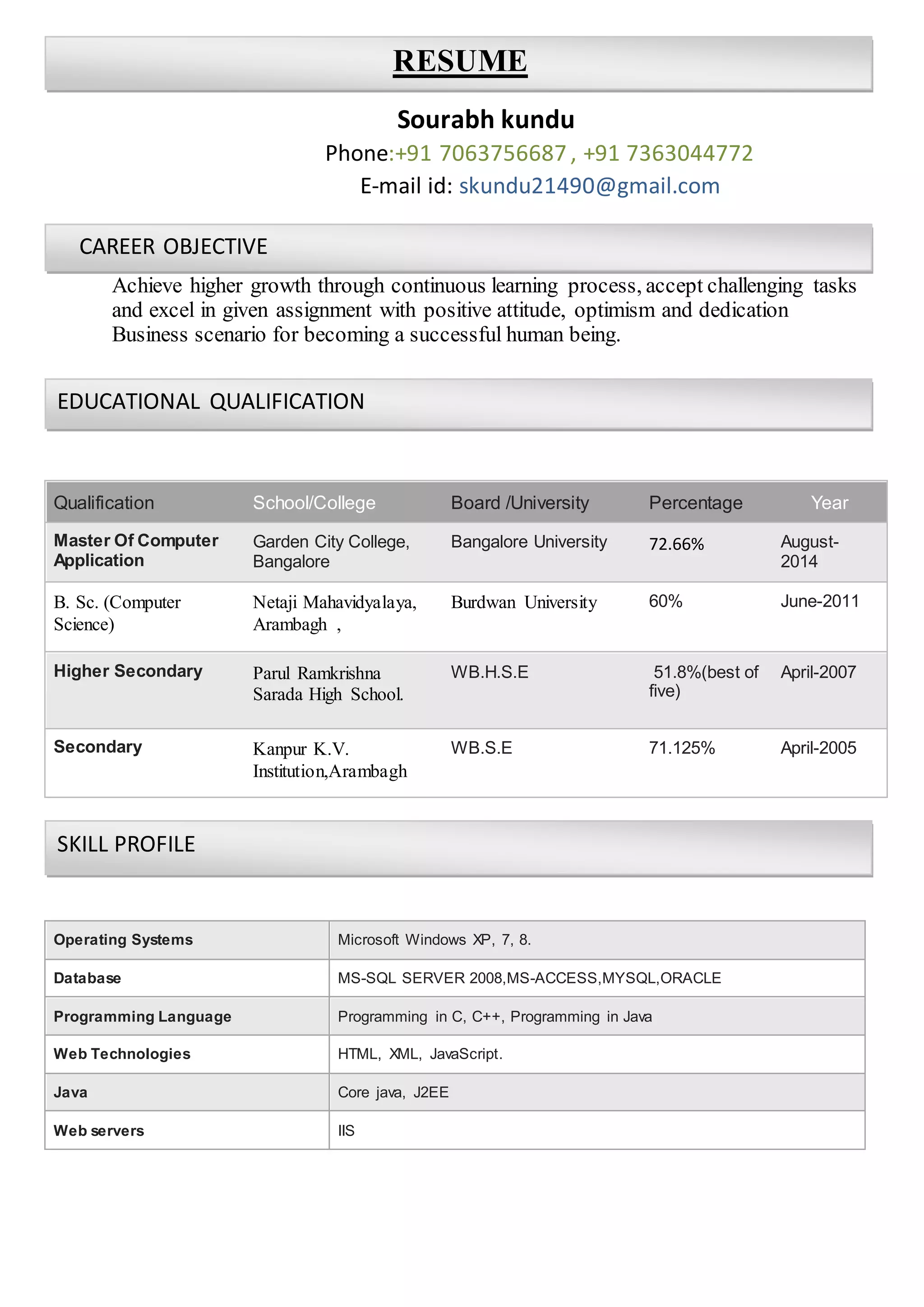 sourabh kundu resume.doc | Programming Languages | Computing