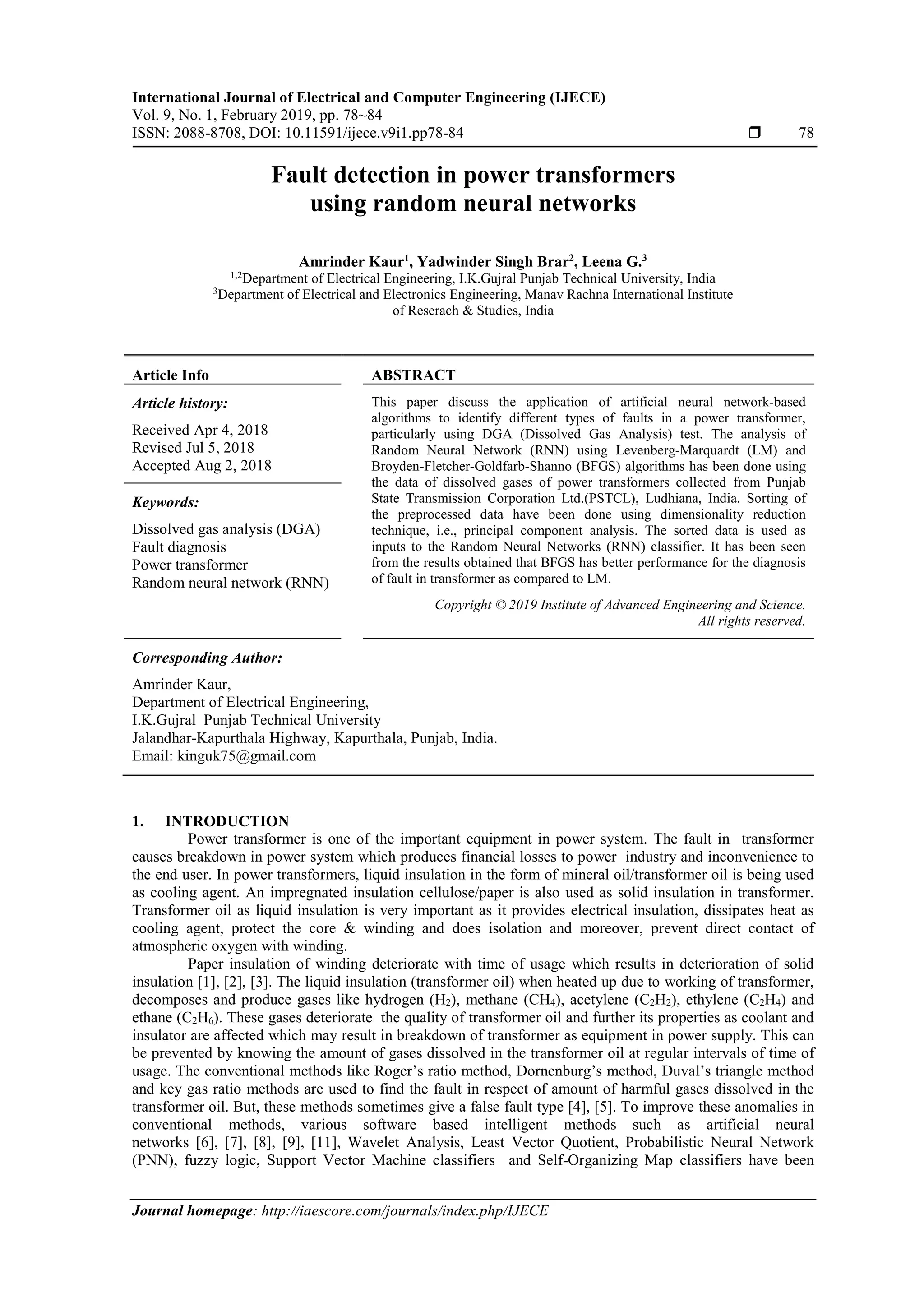 Fault Detection In Power Transformers Using Random Neural Networks Pdf