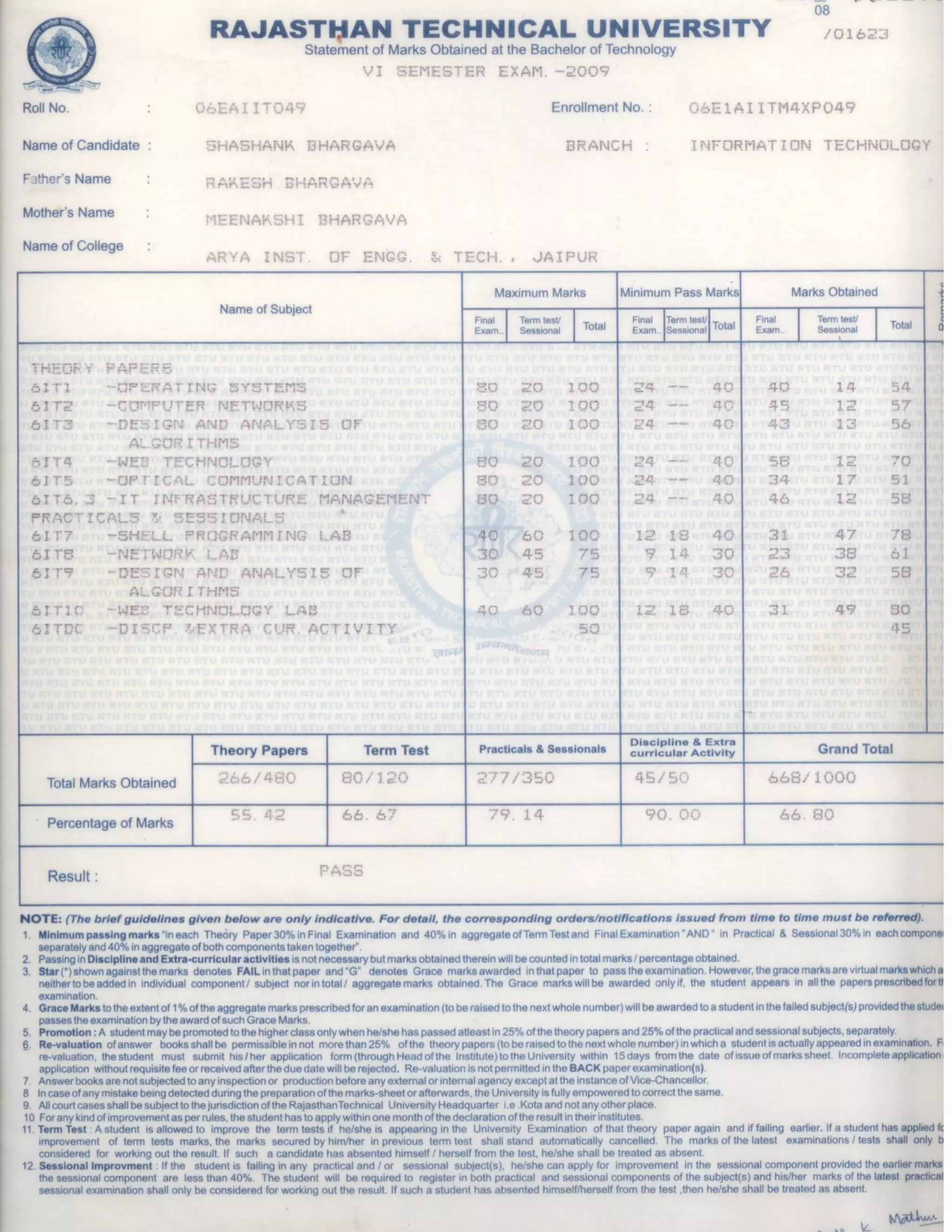 BTech Marksheets | PDF