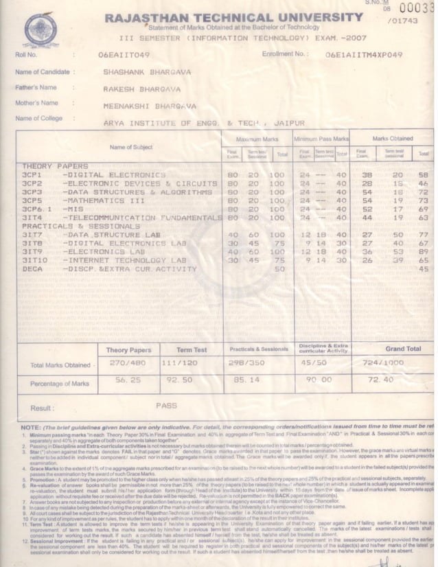 BTech Marksheets | PDF