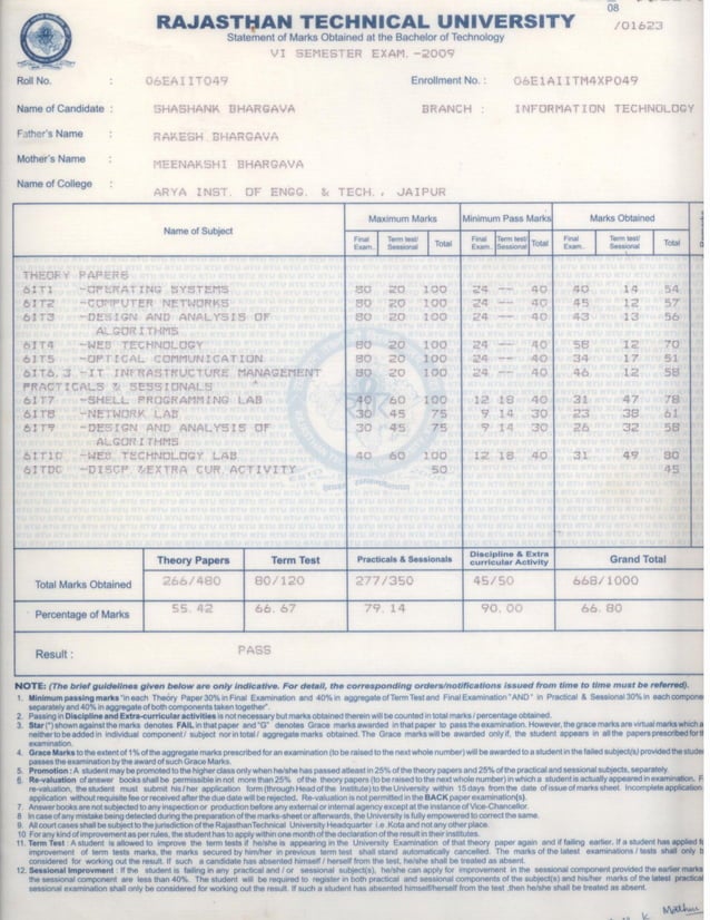 BTech Marksheets | PDF