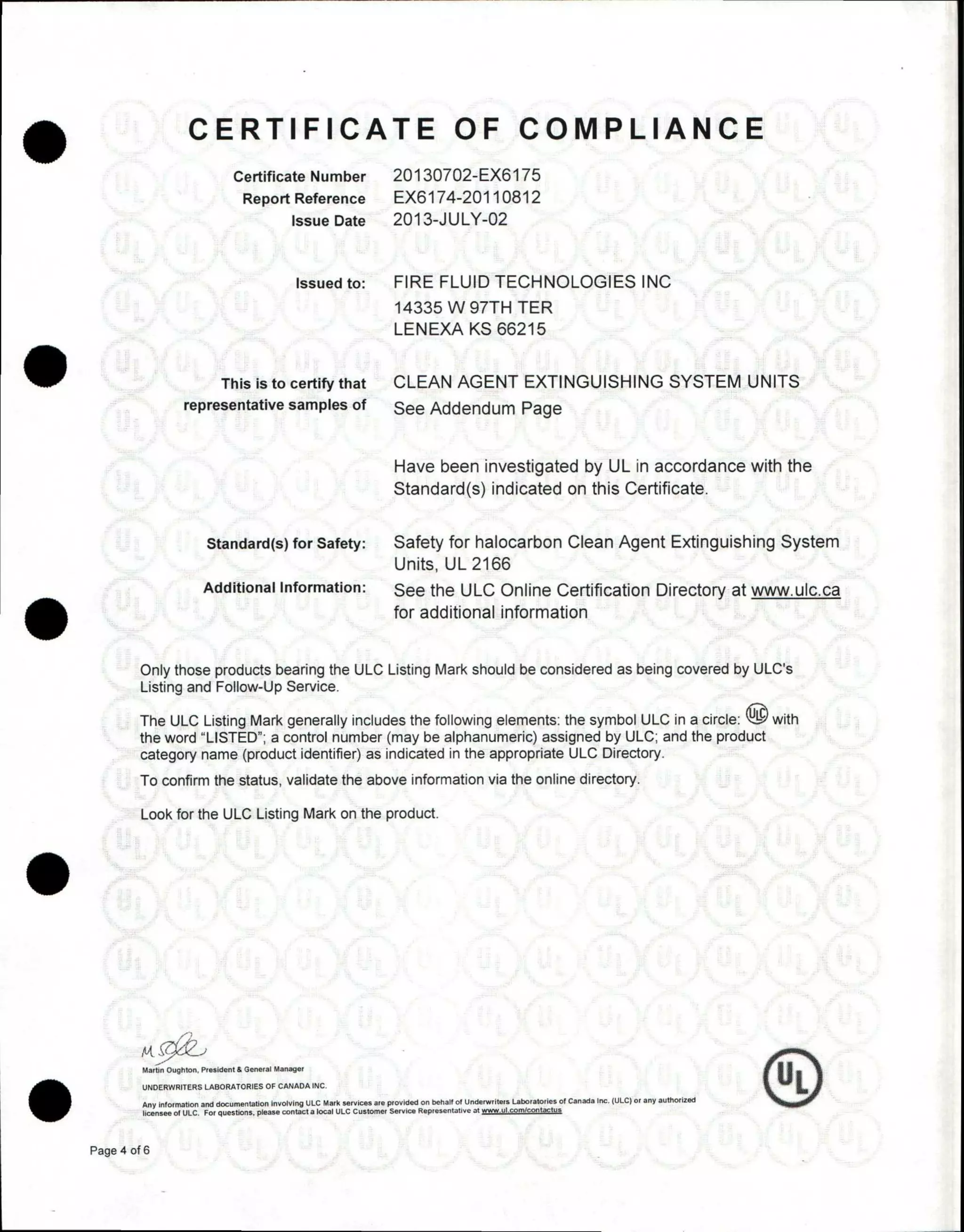 UL Certificate of Compliance (FFT) for Listed Systems | PDF