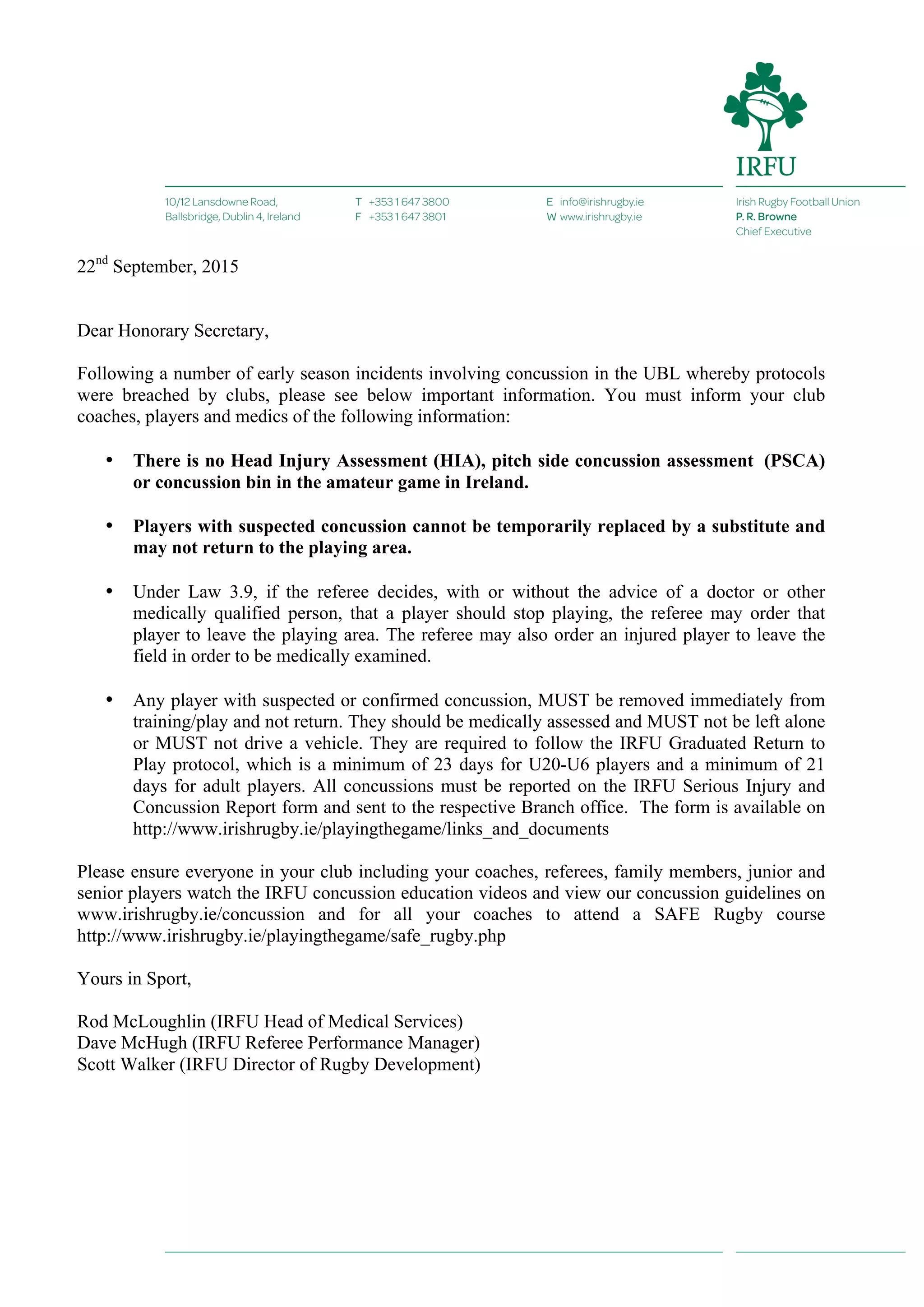 UBL Concussion letter | PDF