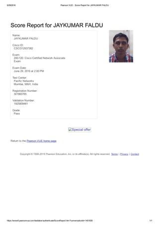 Pearson VUE - Score Report for JAYKUMAR FALDU | PDF