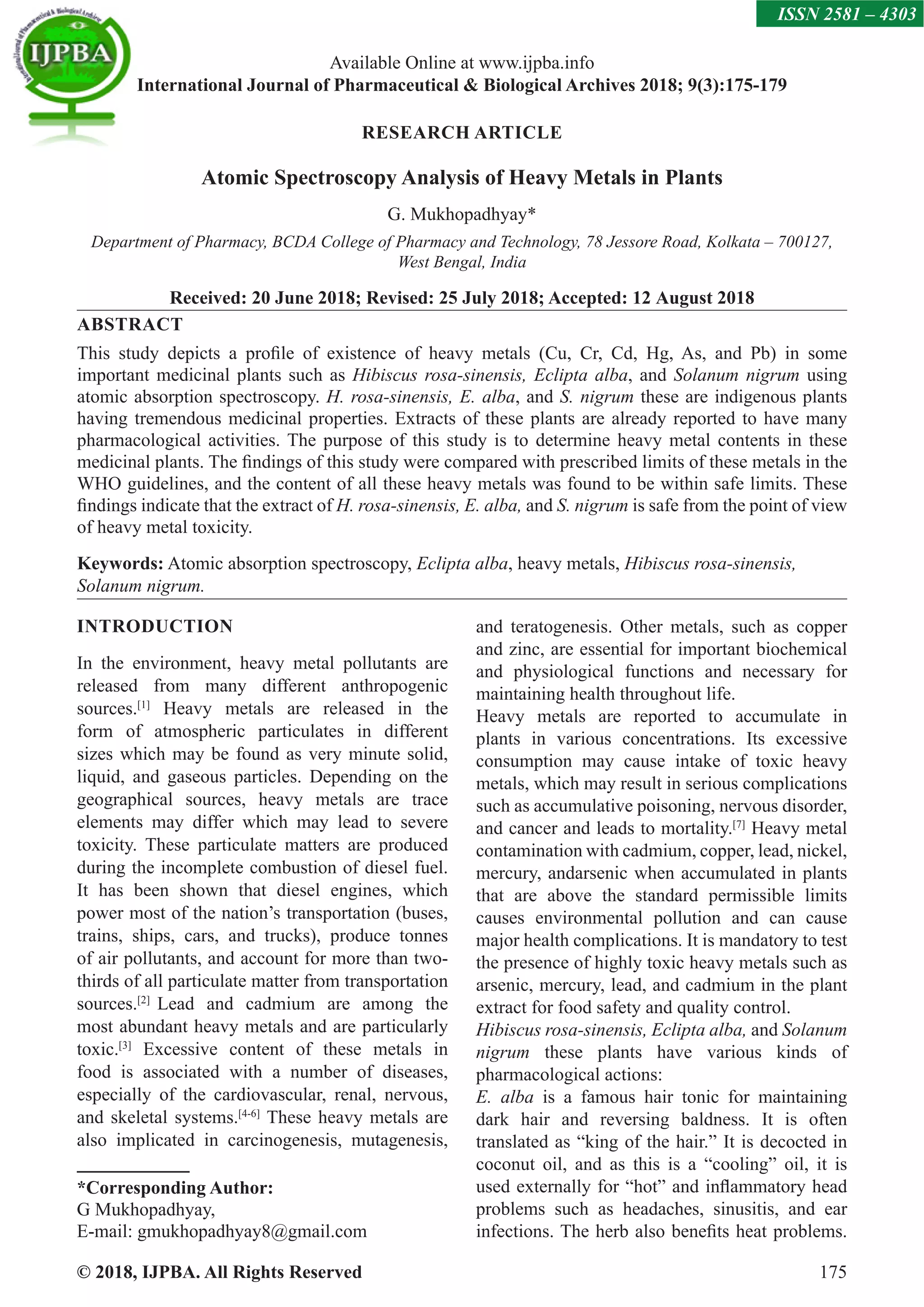 Atomic Spectroscopy Analysis of Heavy Metals in Plants | PDF