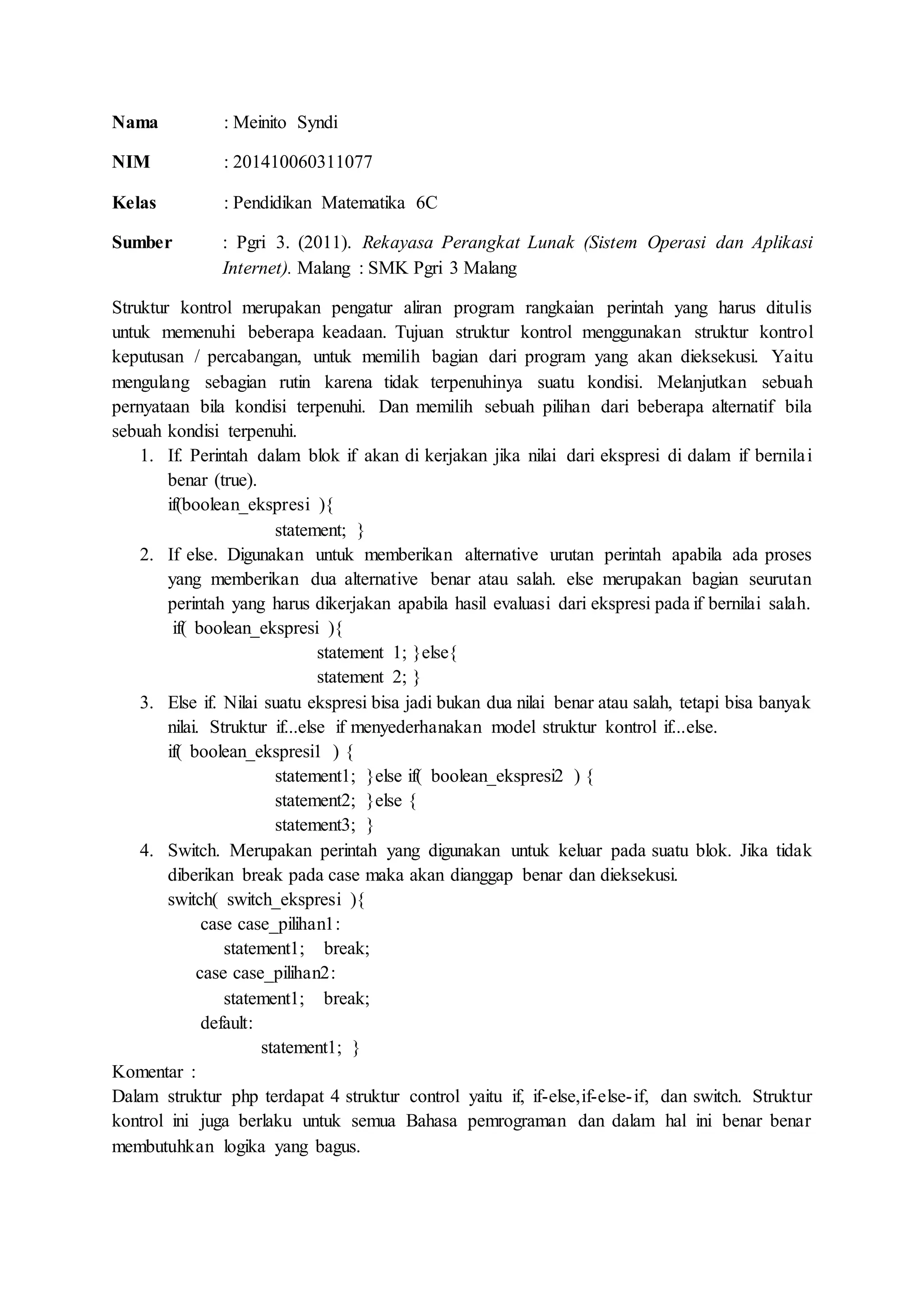 Operasi dan Ekspresi beserta Struktur Kontrol pada PHP | PDF
