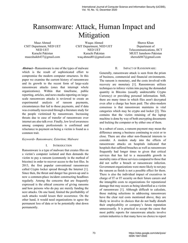 Ransomware: Attack, Human Impact and Mitigation | PDF