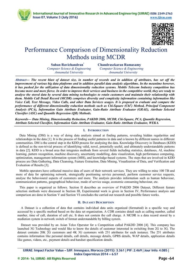 Performance Comparison Of Dimensionality Reduction Methods Using Mcdr Pdf