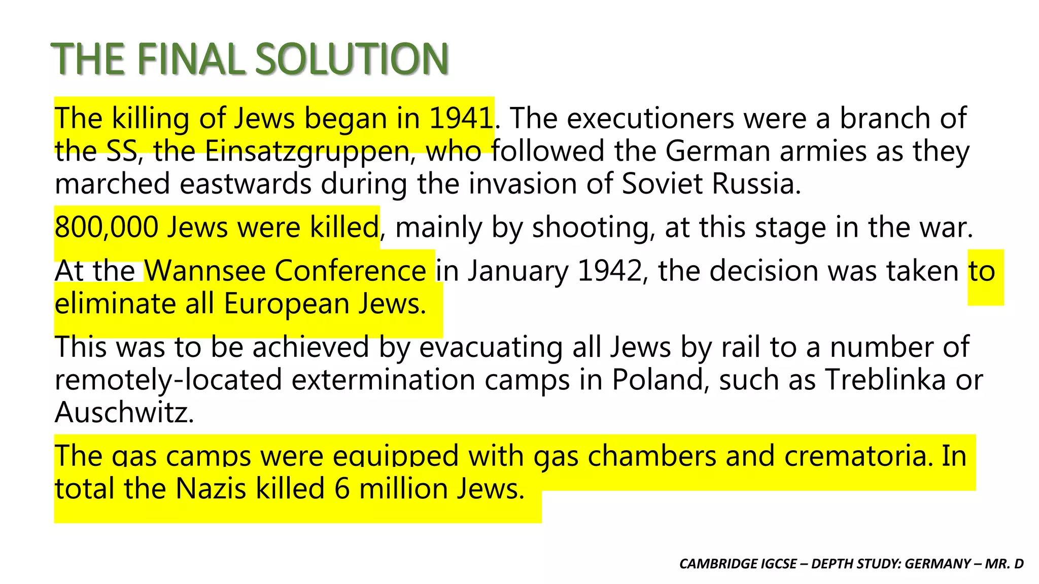 HISTORY IGCSE CONTENT - 20TH CENTURY OPTION - DEPTH STUDY GERMANY: THE ...