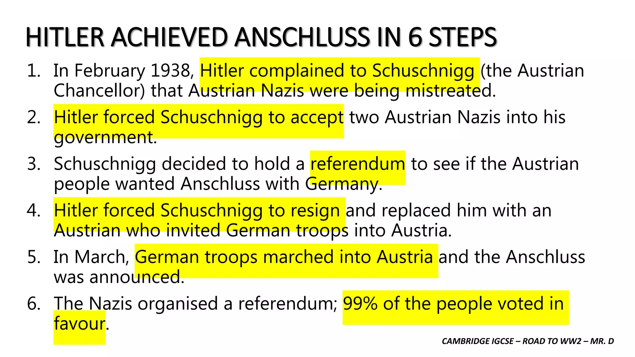 HISTORY IGCSE CONTENT - 20TH CENTURY OPTION - THE ROAD TO WW2 ...