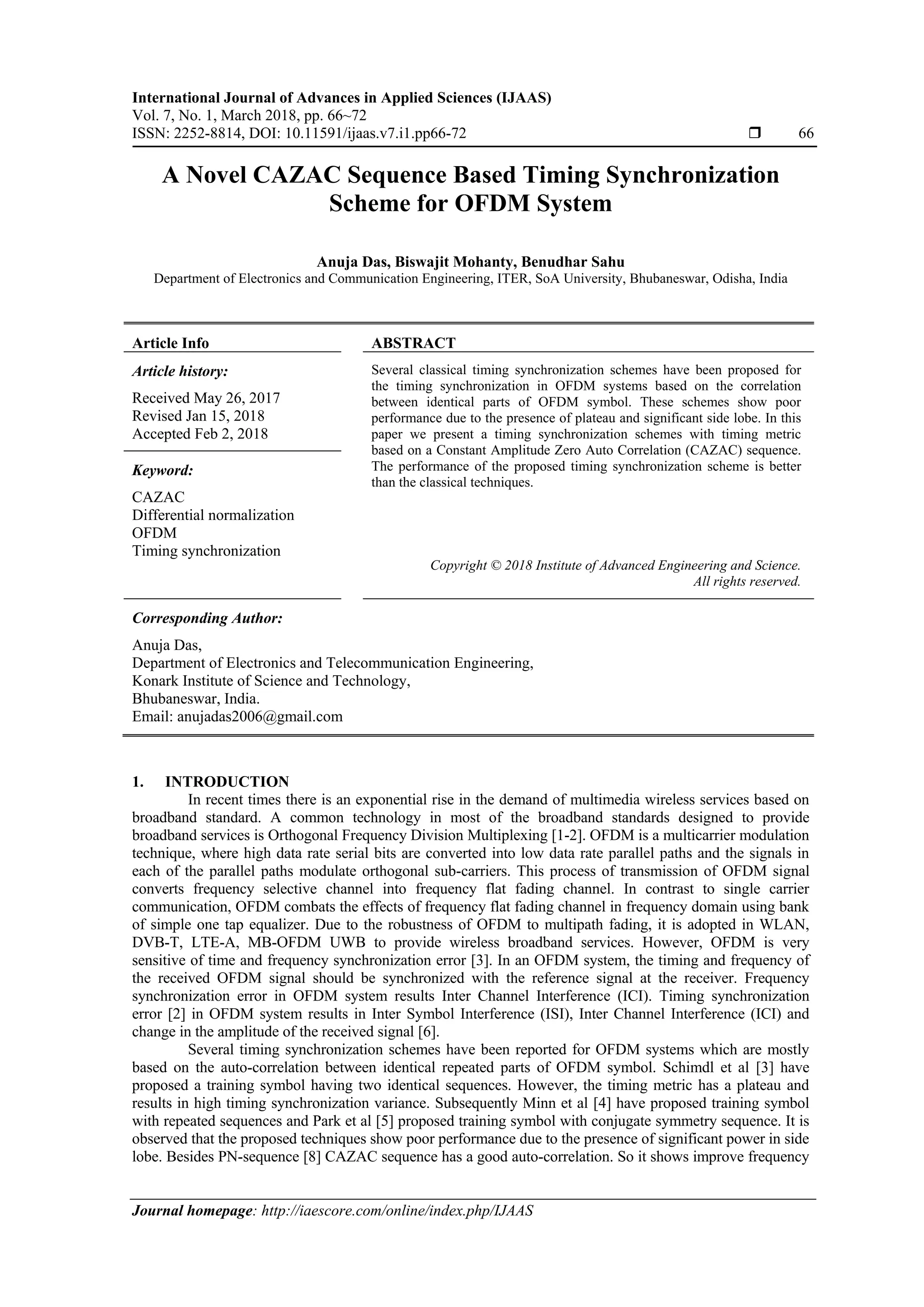 A Novel Cazac Sequence Based Timing Synchronization Scheme For Ofdm System Pdf