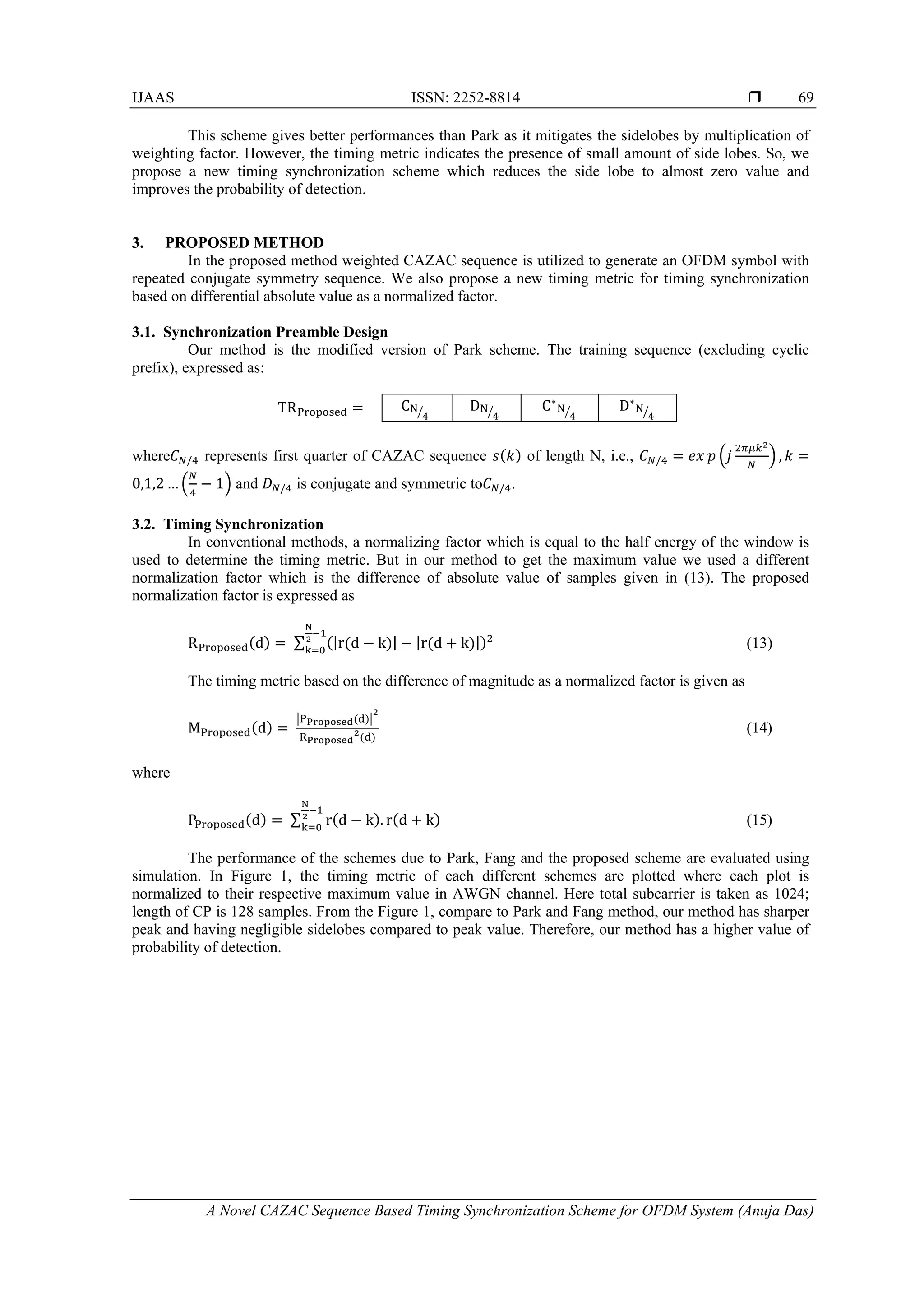 A Novel Cazac Sequence Based Timing Synchronization Scheme For Ofdm System Pdf