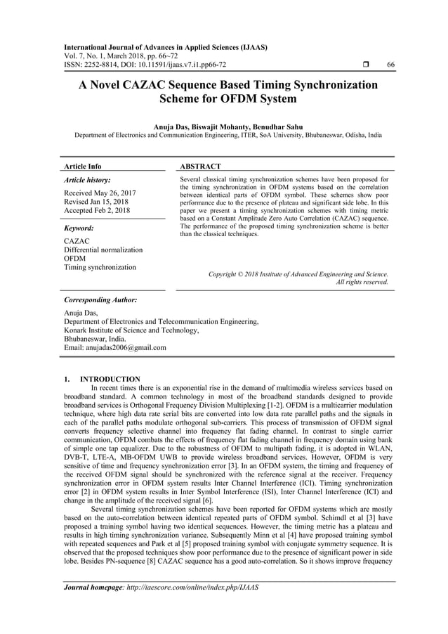 A Novel CAZAC Sequence Based Timing Synchronization Scheme for OFDM System | PDF