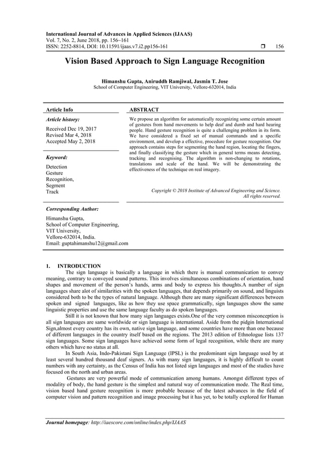 Vision Based Approach to Sign Language Recognition | PDF