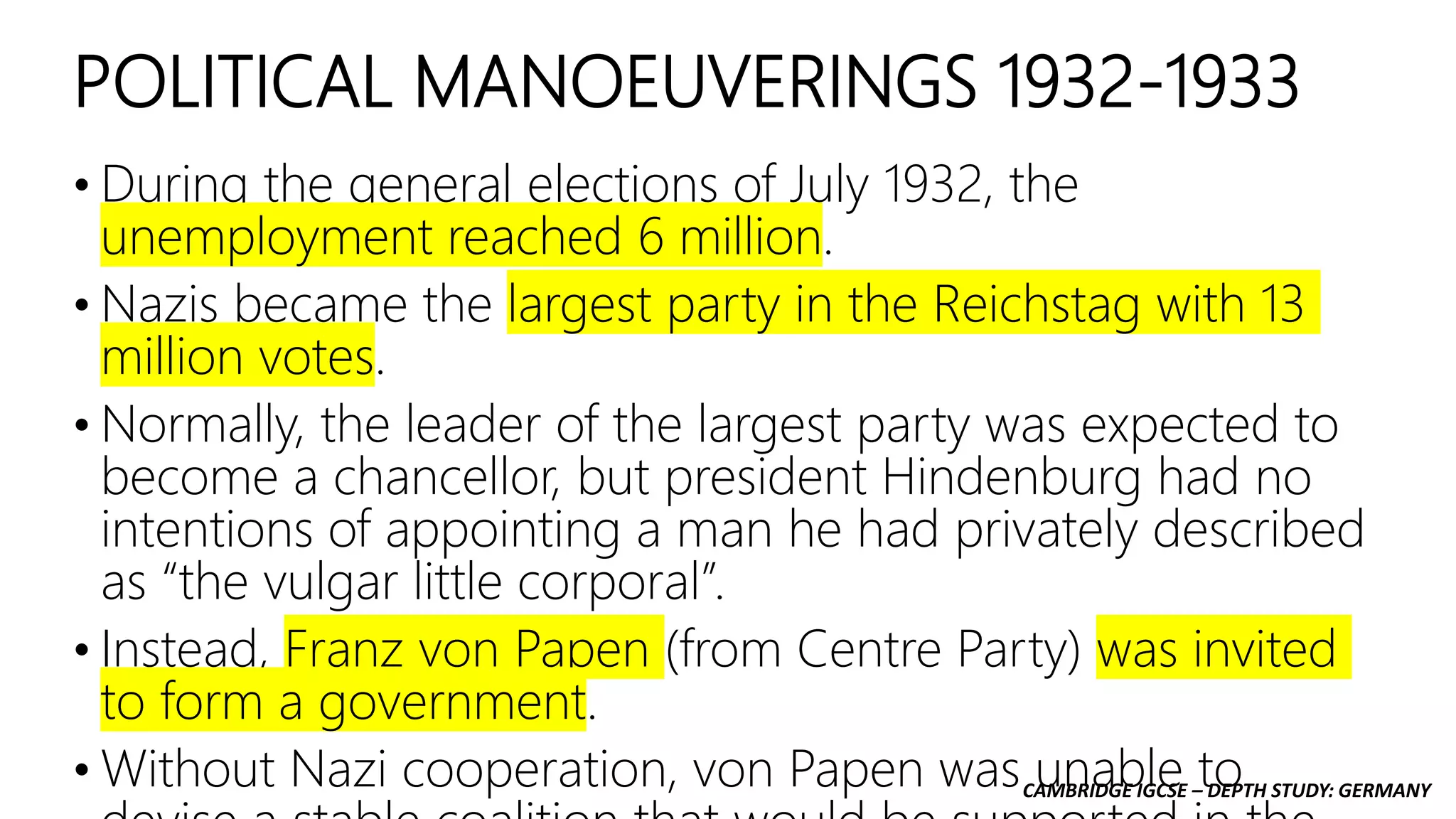 DEPTH STUDY GERMANY: HITLER BECOMING CHANCELLOR BY 1933 | PPTX